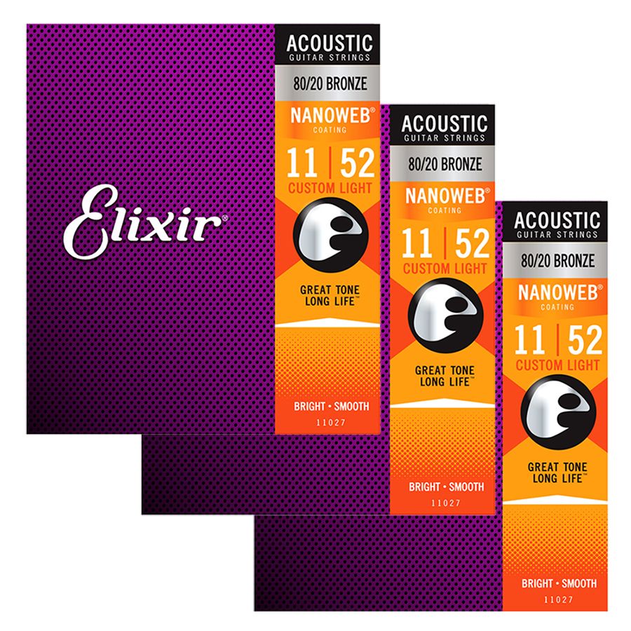 Elixir Nanoweb 80/20 Bronze Strings Custom Light 11-52 - 3 SETS | Rich ...